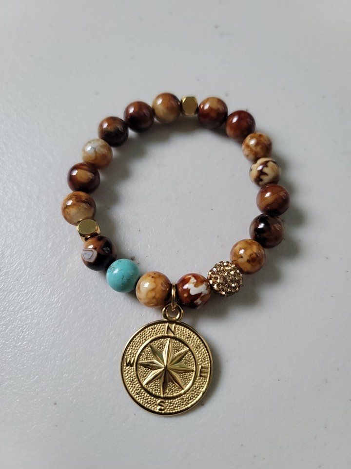 Earthy Brown Agate Bead Compass Bracelet | eBay