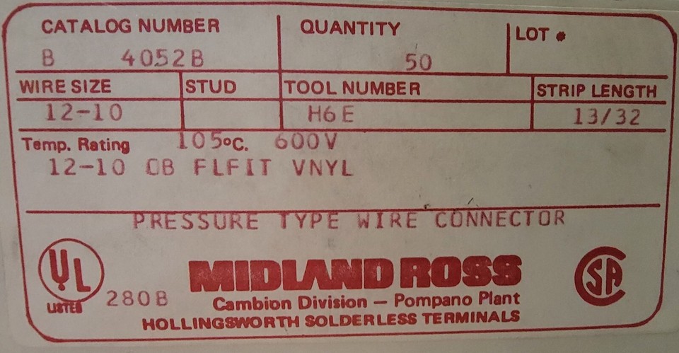 50 Cnt Midland Ross Pressure Wire Connector 12-10 600V H6E 13/32 Strip ...