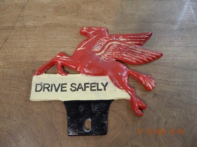 MOBIL Red Flying Horse Pegasus License Plate Topper "Drive Safely" Sign ...