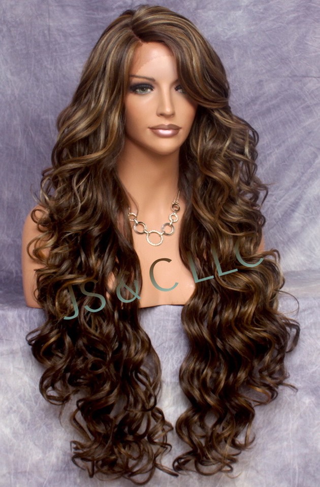 38" Long Human Hair Blend Lace Front Wig Heat OK Curly Caramel Brown ...