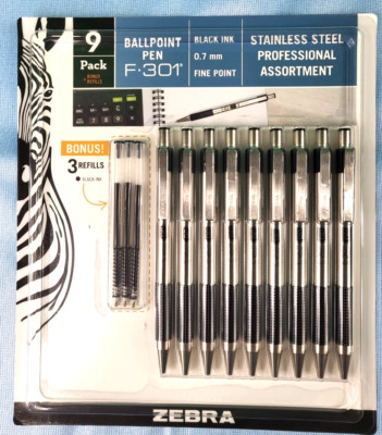 9 Zebra F-301 +3 refills Ball Point Pen Black Ink Fine 0.7mm Stainless ...