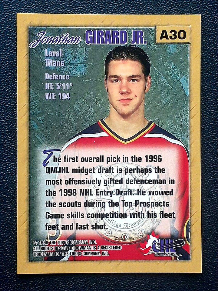 JONATHAN GIRARD AUTO 1998 BOWMAN CHL AUTOGRAPHS BLUE NO A30 51908 | eBay