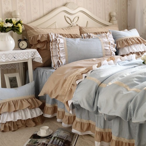 Blue Lace Bedding Set Flounces Lattice Block Princess Bedding Ruffle ...