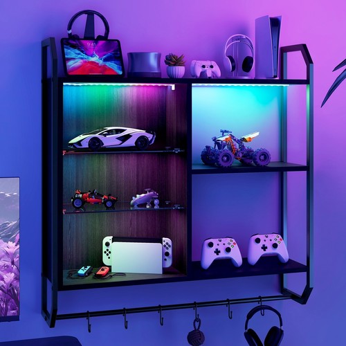 RGB Light Gaming Storage Rack Wall Mounted Floating Adjustable Shelves ...