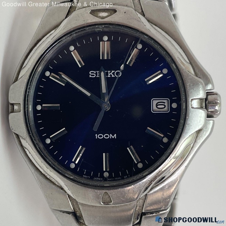 Vintage Seiko 39MM Men’s Stainless Steel Date Watch 7N42-7C00 100M Blue ...