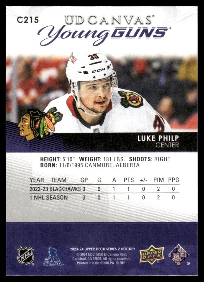 Luke Philp Rookie 2023-24 Upper Deck UD Canvas Black & White #C215 NHL ...