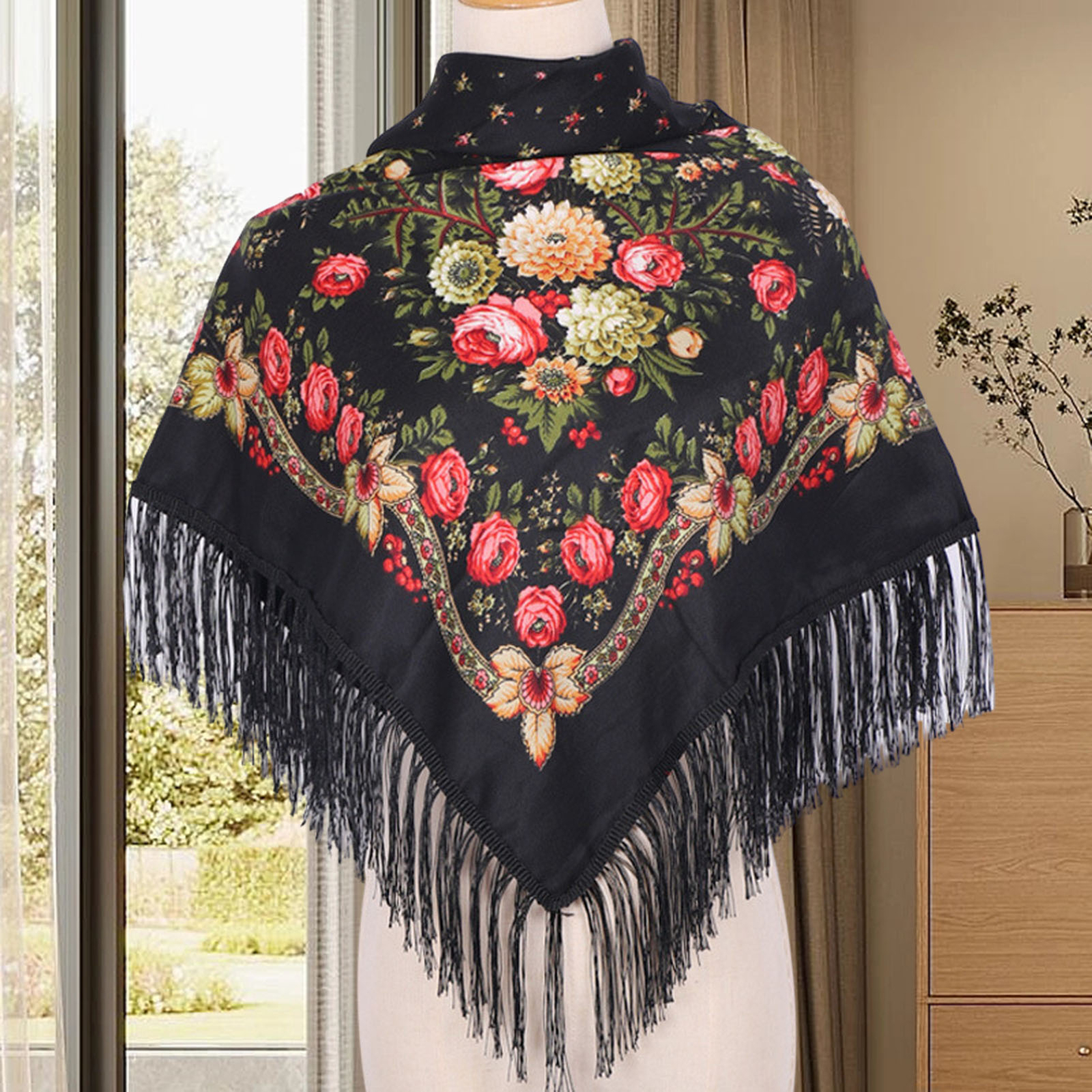 Women Neck Wrap Shawl Elegant Floral Print for Middle-aged Soft Fringed ...