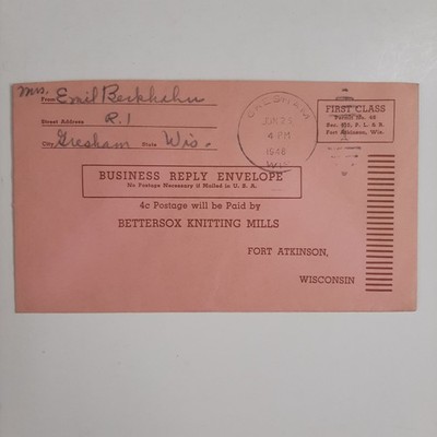 Envelope Postal Cover Gresham WI EN436 Jun 1948 to Bettersox Knitting ...