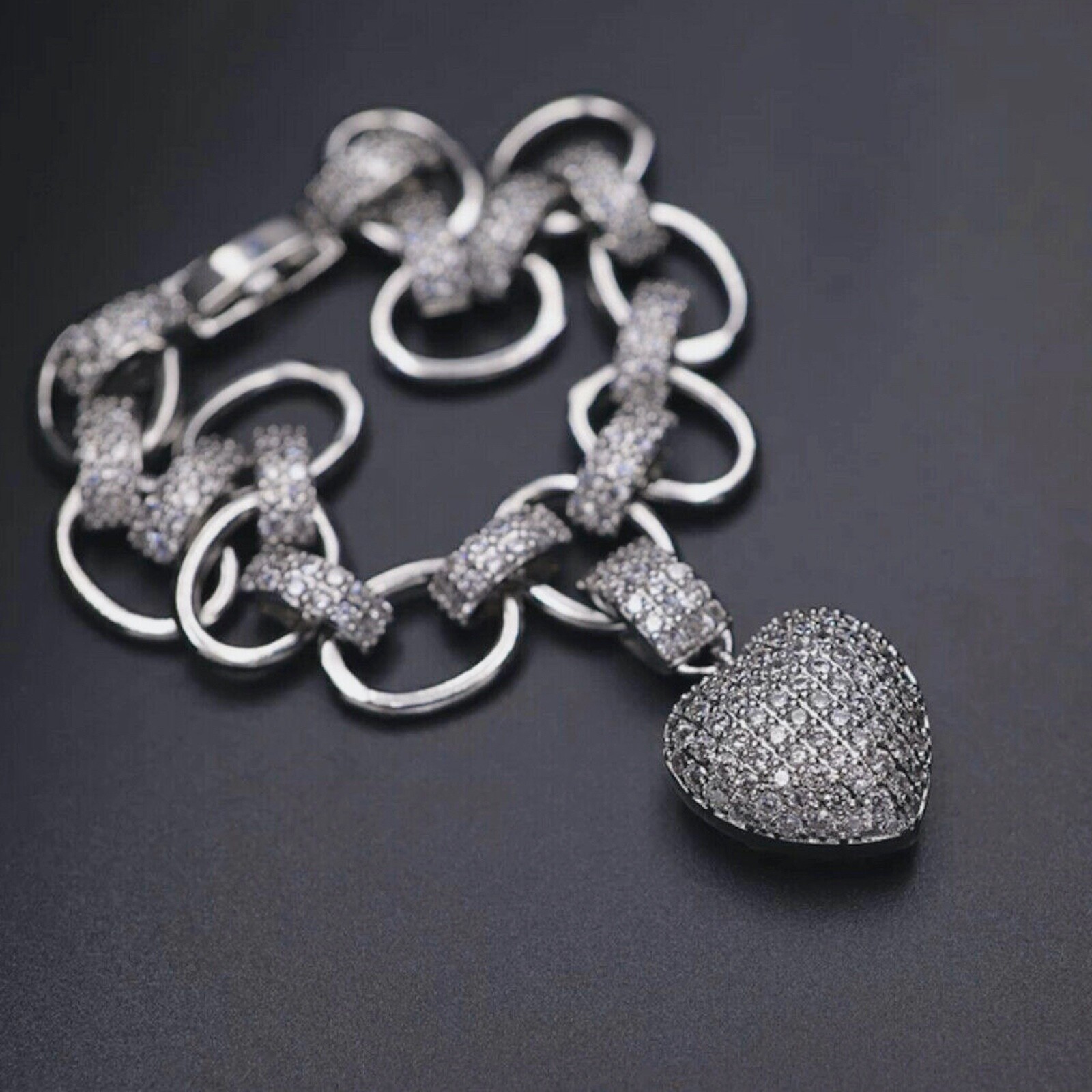 18k White Gold Plated Heart Necklace Bracelet made w Swarovski Crystal ...