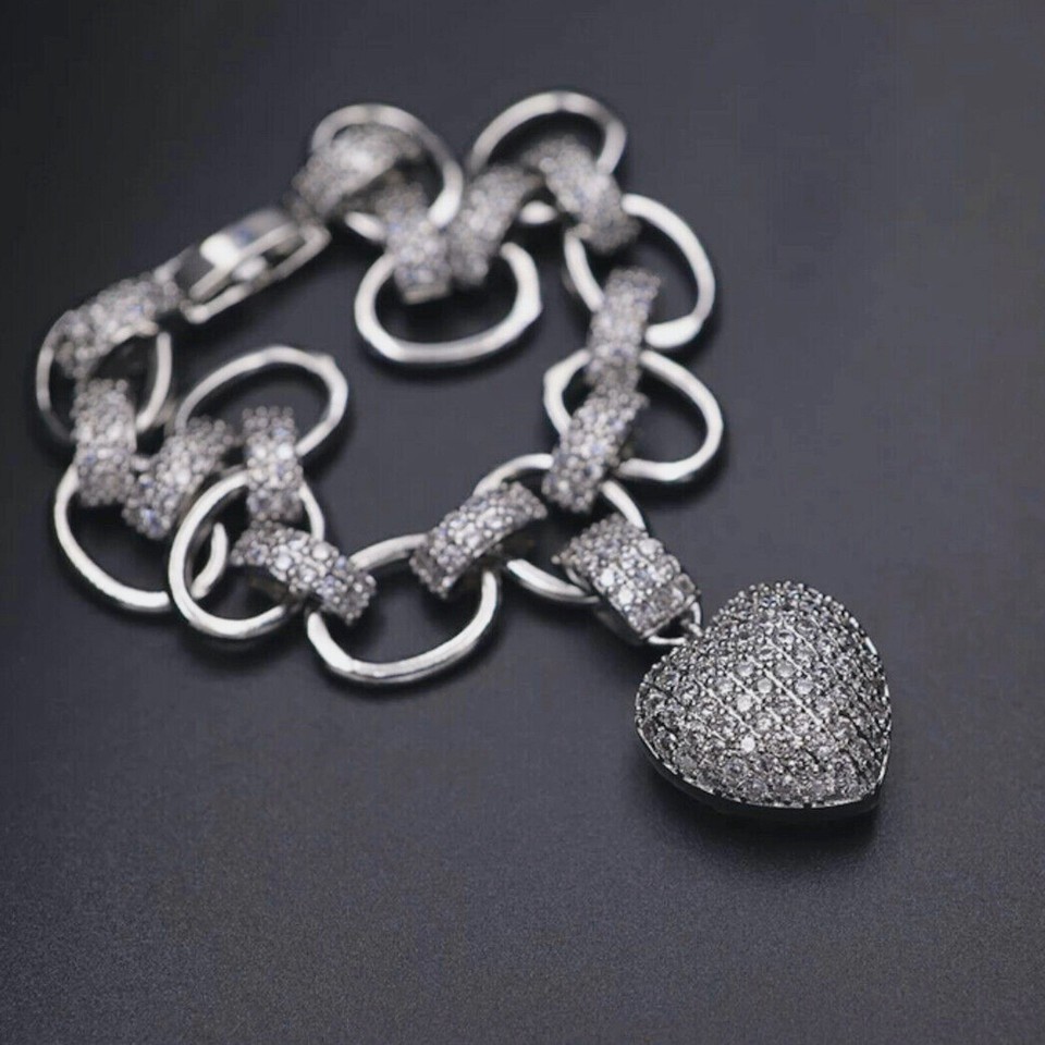 18k White Gold Plated Heart Necklace Bracelet made w Swarovski Crystal ...
