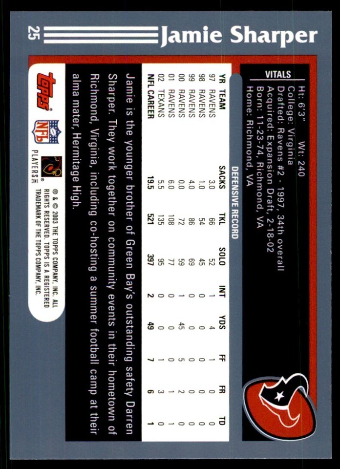 2003 TOPPS JAMIE SHARPER HOUSTON TEXANS #25 | eBay
