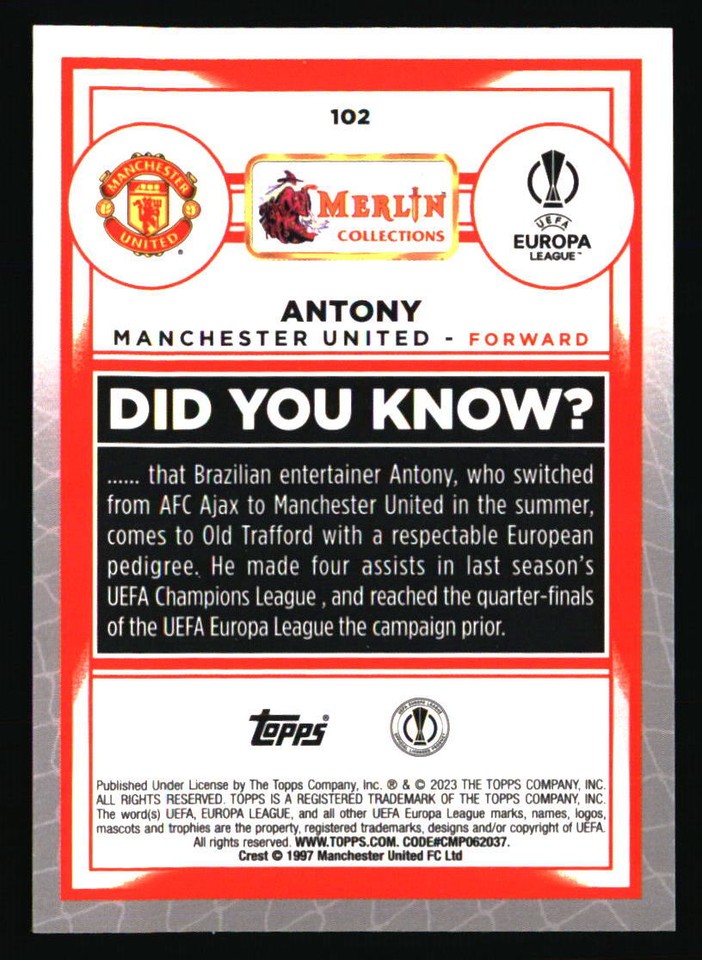 Antony 2022-23 Merlin Chrome UEFA Club Competitions #102 SOCCER Card | eBay