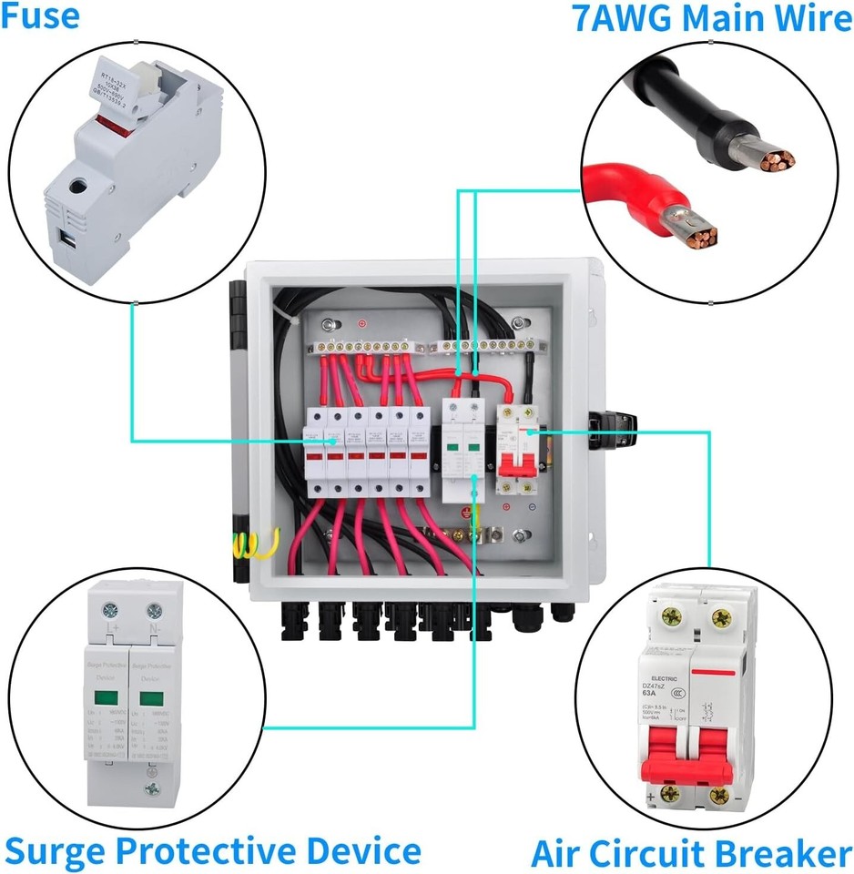 6 String PV Combiner Box Lightning Arrester 63A Circuit Breaker for ...