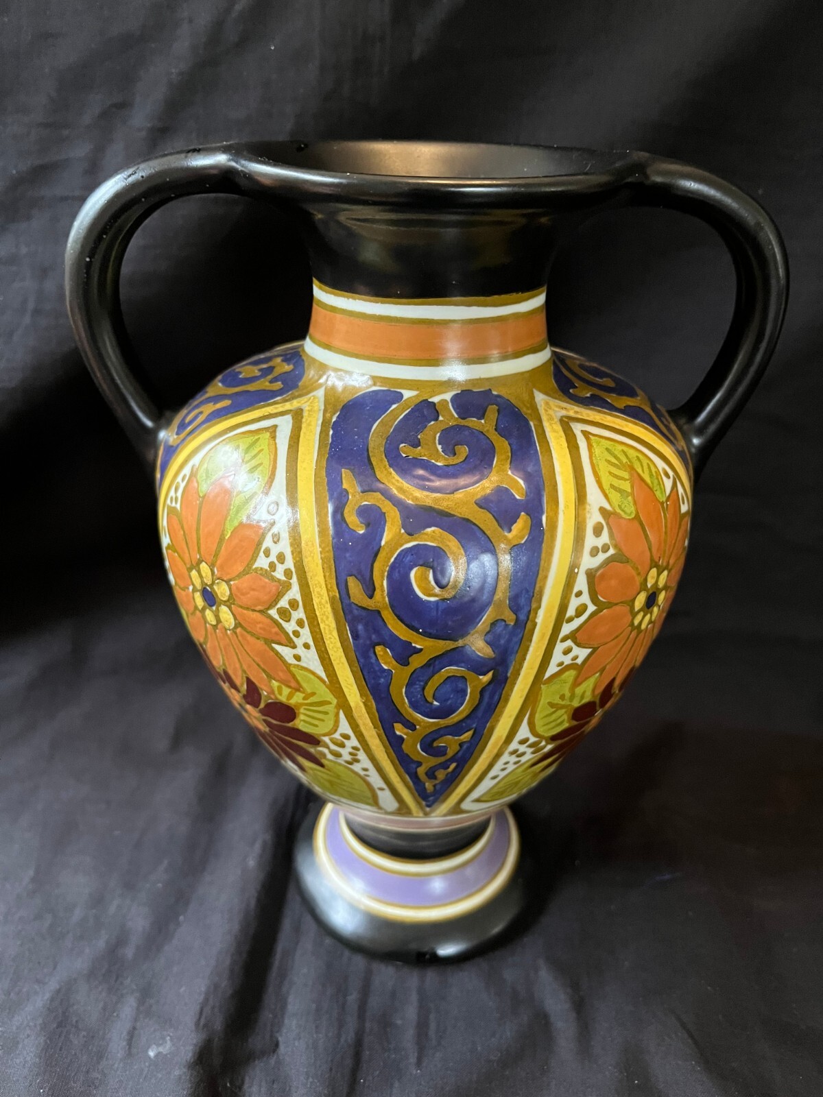 antique dutch Gouda pottery vase. Approx 1920. Several marks. decor ...