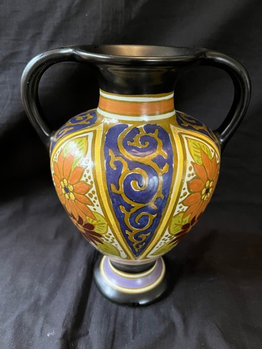 antique dutch Gouda pottery vase. Approx 1920. Several marks. decor ...