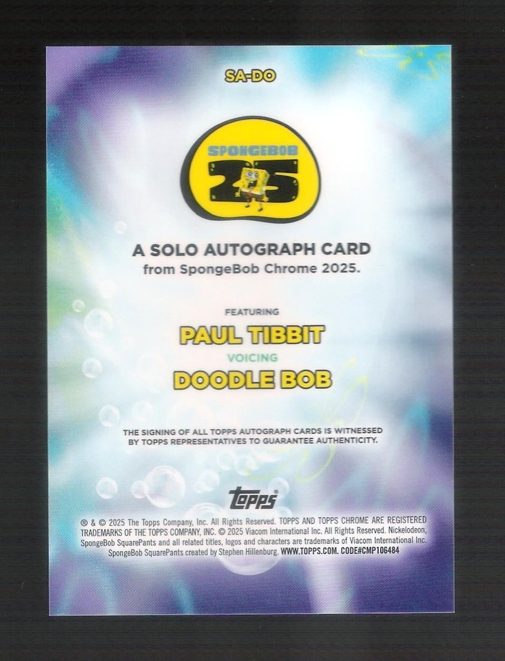 2025 Topps Chrome SpongeBob SquarePants Paul Tibbit Doodle Bob ...