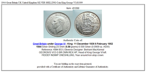 1944 Great Britain UK United Kingdom SILVER SHILLING Coin King George ...