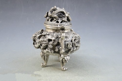 Chinese Old Tibet silver hand carved 3 foot 9 Dragon Incense Burners ...