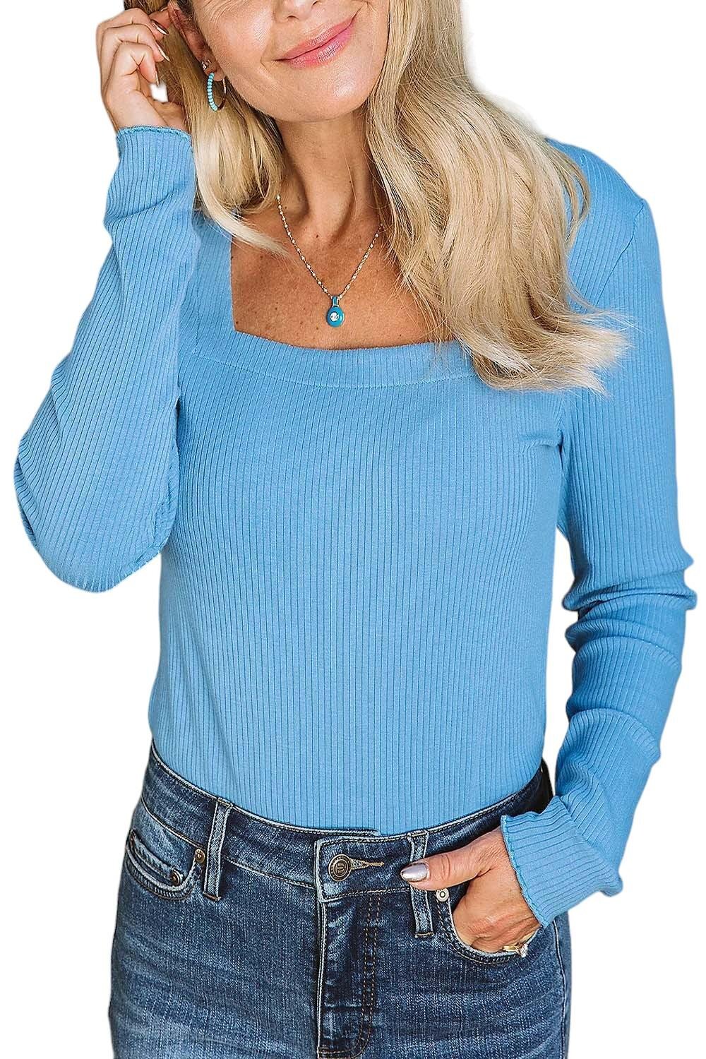 Candace Cameron Bure Square-Neck Soft Ruffle Hem Rib Knit Top Blue | eBay
