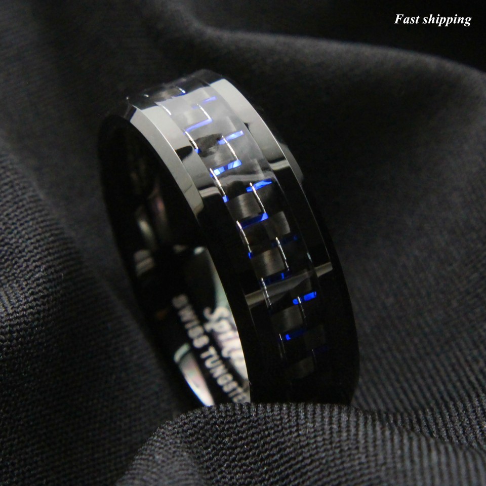 8mm Black Tungsten Ring Black Blue Carbon Fiber Wedding Band ATOP Men's ...