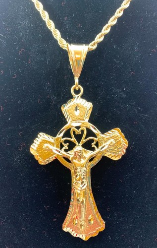 14KT GOLD PLATED HUGE CRUCIFIX CROSS 4+ INCHES CHARM W/24" 4MM ROPE ...