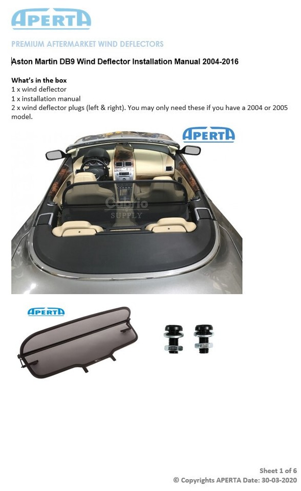 2004-2016 Aston Martin DB9 Volante Windstop Screen Draft-Stop WIND Wind ...