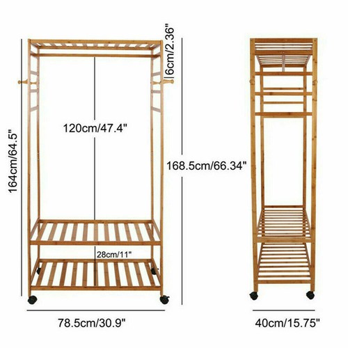 3 Tier Clothes Rack Heavy Duty Wood Garment Shelves Rolling Wheels Side ...