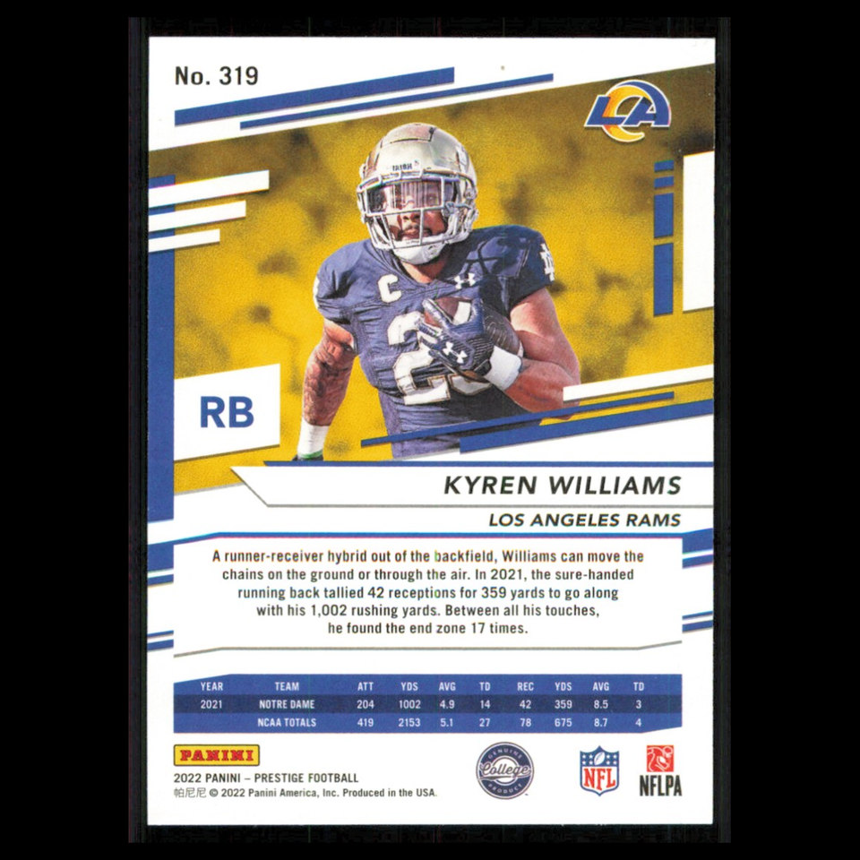 Kyren Williams Rookie #319 2022 Panini Prestige Los Angeles Rams ...
