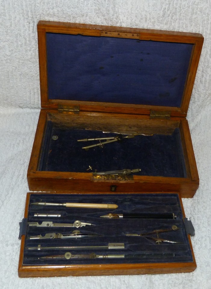 Vintage Draughtsmans Drawing/Compass Set in Wooden Box not a full set ...