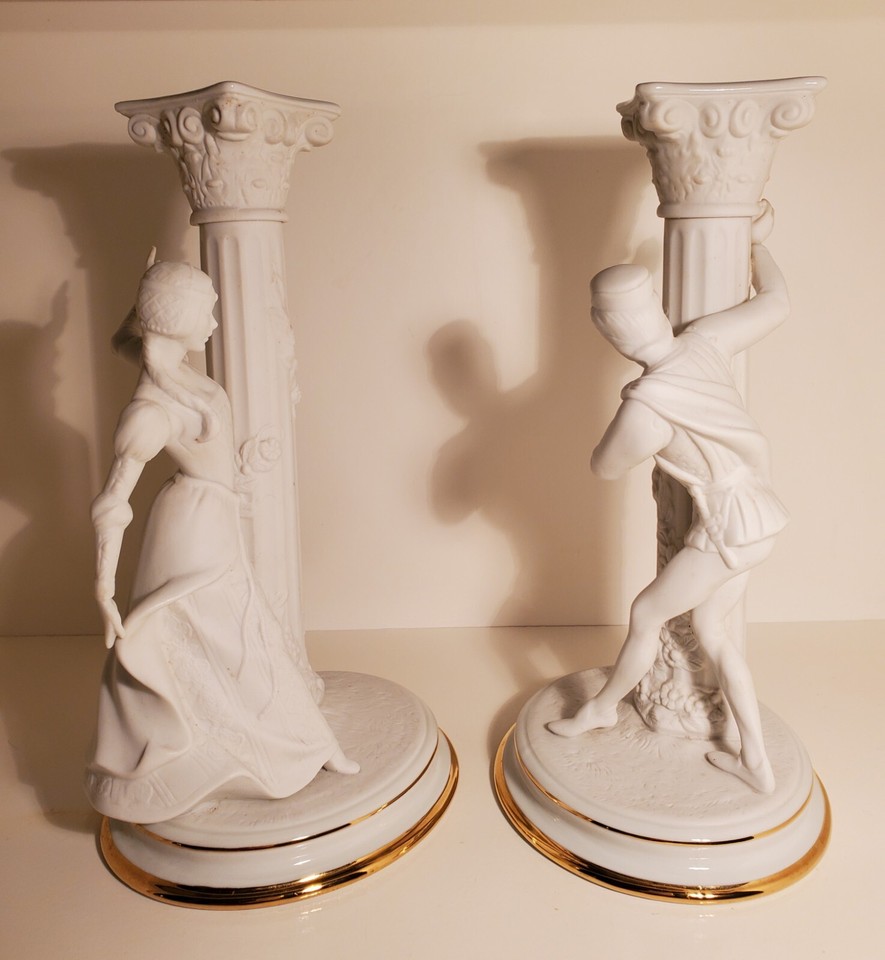 Pair Romeo and Juliet Franklin Mint Candlesticks White Gold Trim 1986 ...