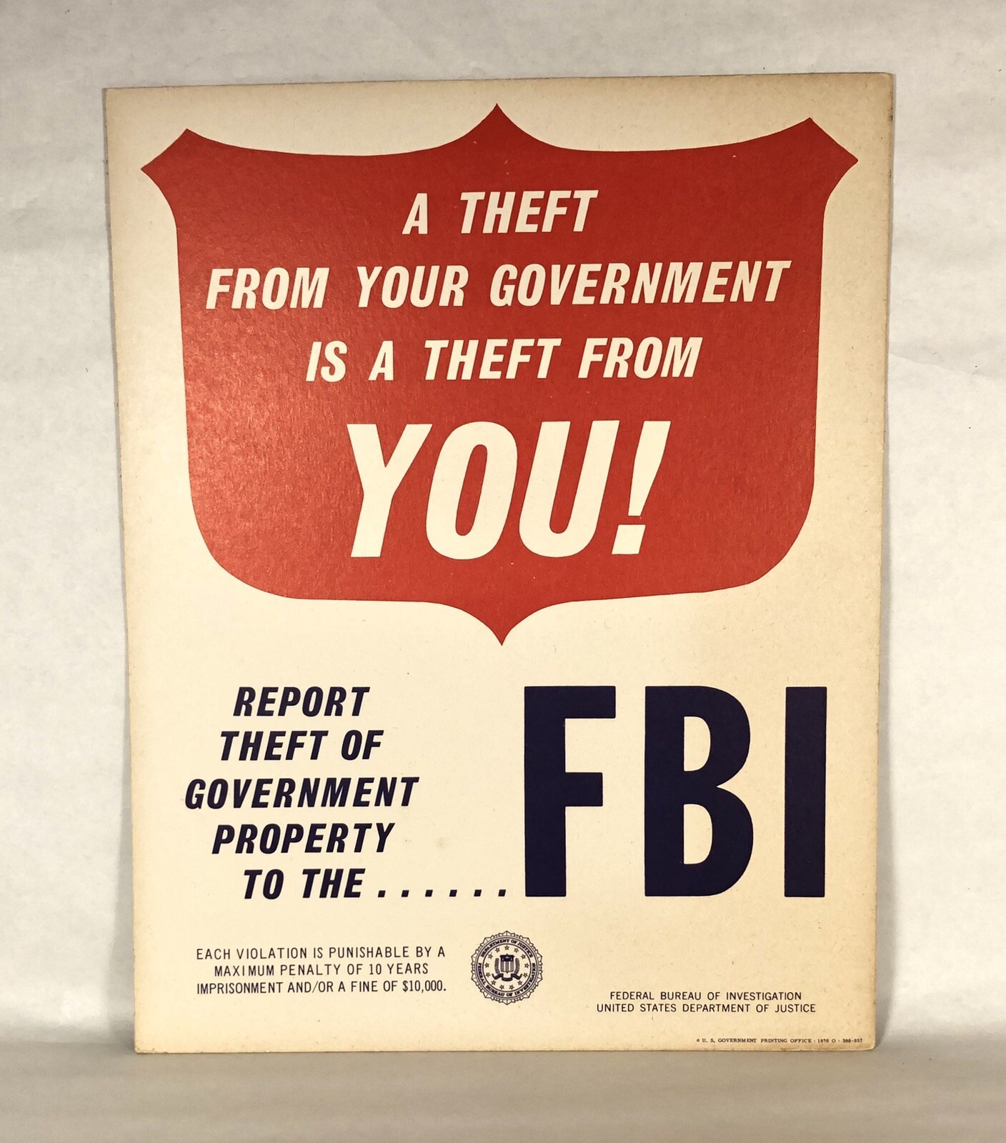 Vintage FBI Theft From Your Governent Is A Crime Cardboard Sign 1970 | eBay