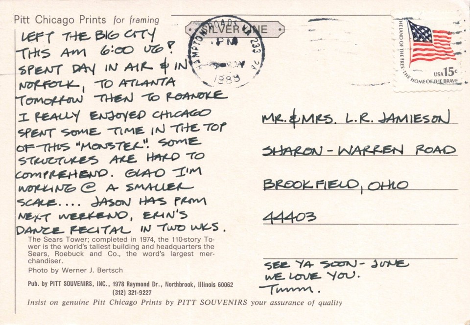 Postcard IL Chicago Sears Tower Skyline Skyscraper Sears, Roebuck & Co ...