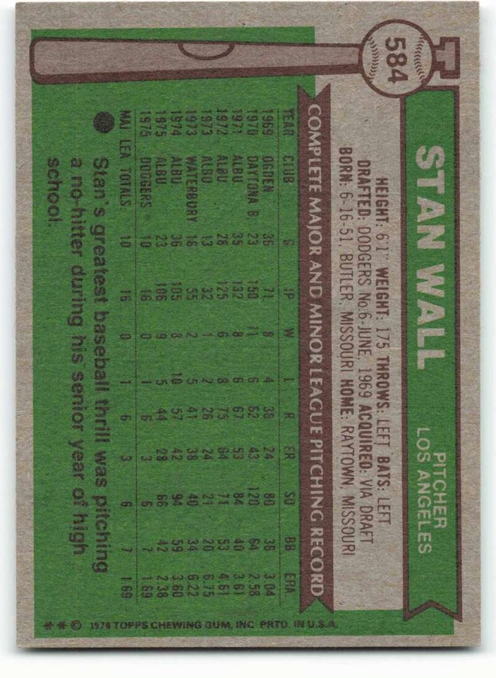 1976 Topps #584 Stan Wall NM Near Mint RC Rookie Dodgers ID:309965 | eBay