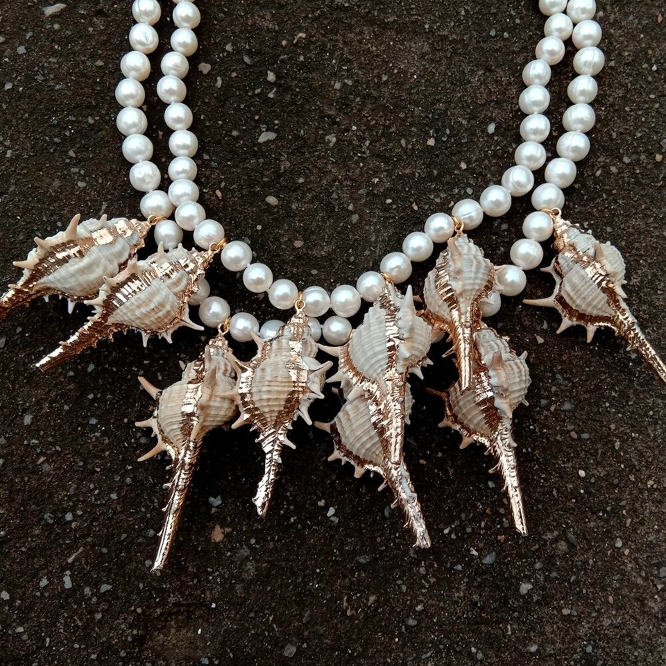 2 Strands Freshwater Cultured White Pearl Sea Shell Statement Necklace ...