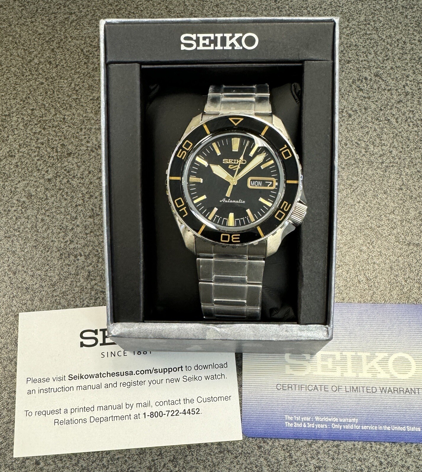 Seiko 5 Automatic Black Dial Steel Bracelet Men's Watch SRPK99 Made In ...