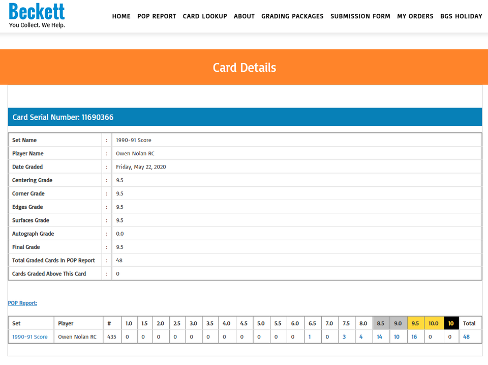 Owen Nolan RC BGS 9.5: 1990-91 Score Rookie Card True Gem Mint #435 POP ...