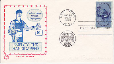 FDC FIRST DAY COVER 1960 EMPLOY THE HANDICAPPED TRI COLOR CACHET NEW ...