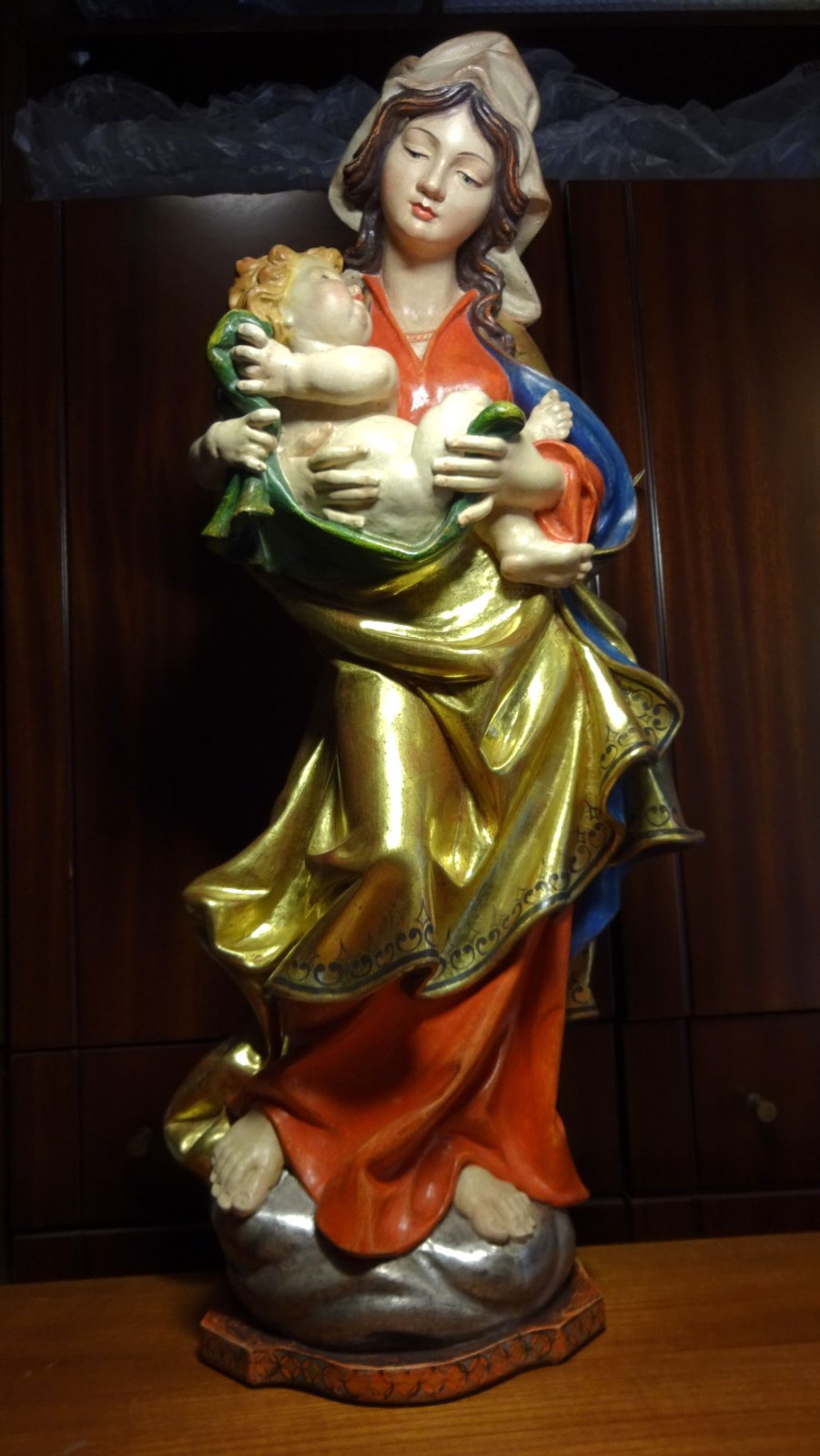 ANTIQUE 29" HAND CARVED WOOD VIRGIN MARY OUR LADY JESUS STATUE FIGURE ...