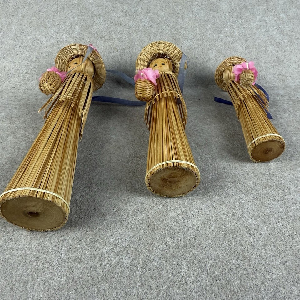 Vintage Bamboo Reed Dolls Handmade Ladies Flowers & Hats 7" 6" 4.5" Set ...