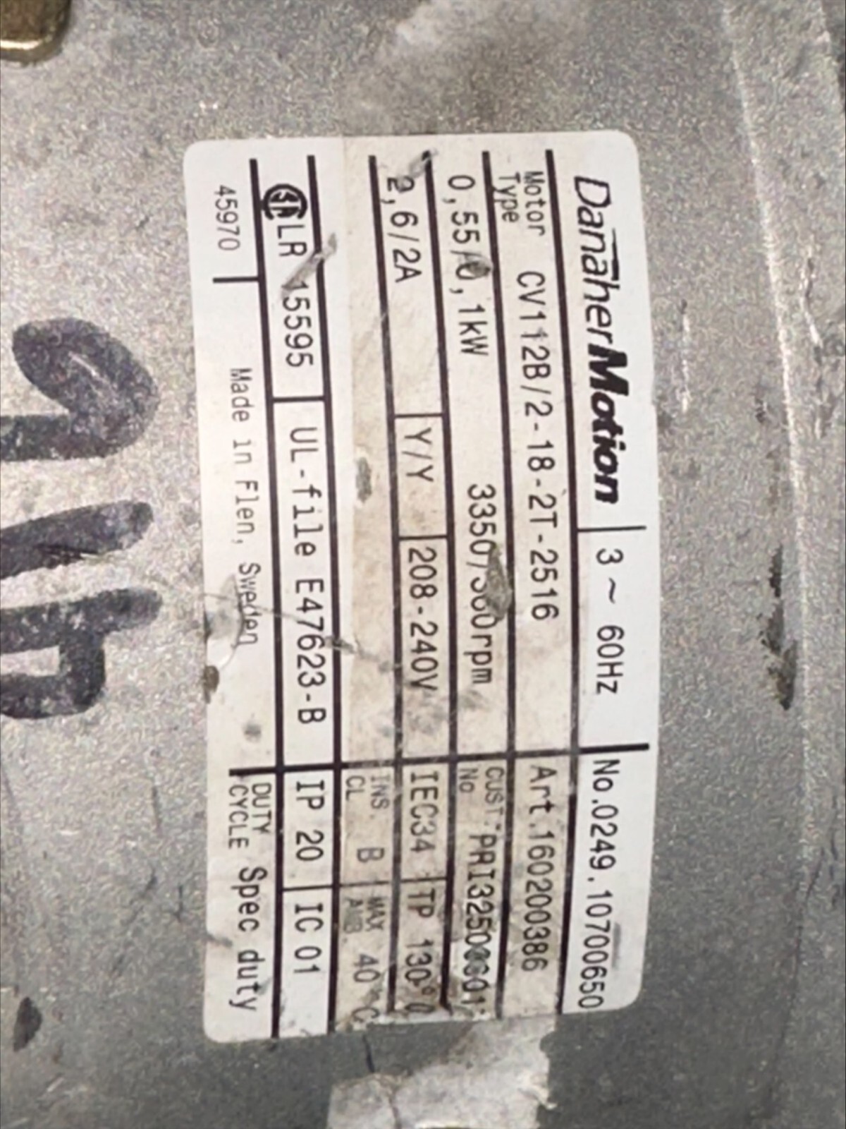 Elmo CV112 B/2-18-2T-2516 3ph 60Hz motor for Maytag Used P/N ...