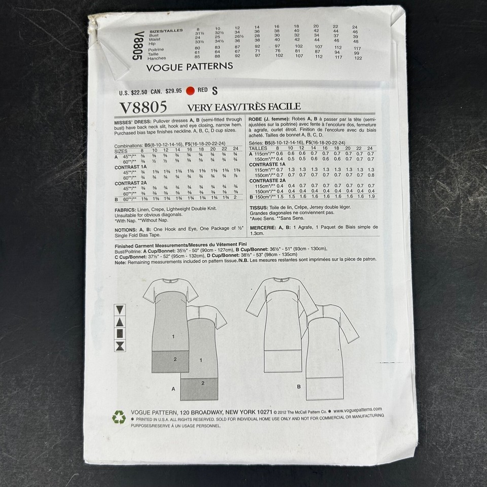 Very Easy Vogue V8805 Size B5 (8-16) Pullover Dress Semi-Fitted Uncut ...
