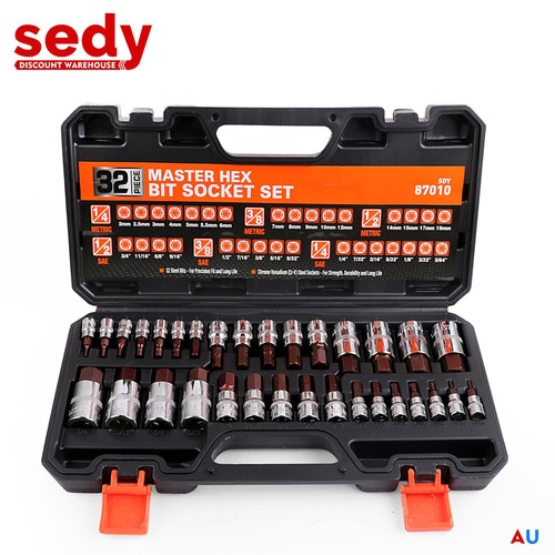 32Pcs Hex Bit Socket Set S2 Steel Allen Key 1/4" 3/8" 1/2" Drive SAE ...