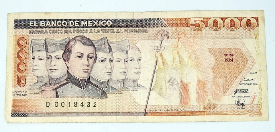 5000 CINCO MIL PESOS MEXICO BANKNOTE BILL NOTE 1989 EL BANCO DE MEXICO ...