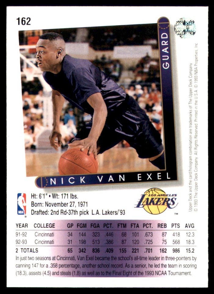 1993-94 UPPER DECK NICK VAN EXEL RC LOS ANGELES LAKERS #162 EX-EXMT | eBay