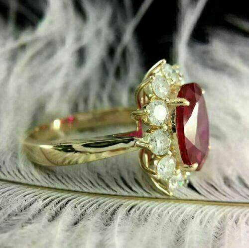 3Ct Oval Created Red Ruby & Diamond Halo Engagement Ring 14k Yellow ...