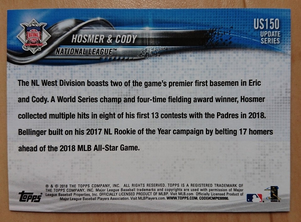 Cody Bellinger & Eric Hosmer 2018 Topps Update US150 MLB Baseball Cards ...
