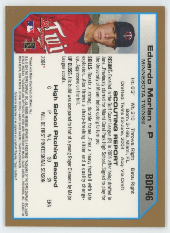 2004 Bowman Chrome Draft Picks Gold Eduardo Morlan Baseball Card #BDP46 ...