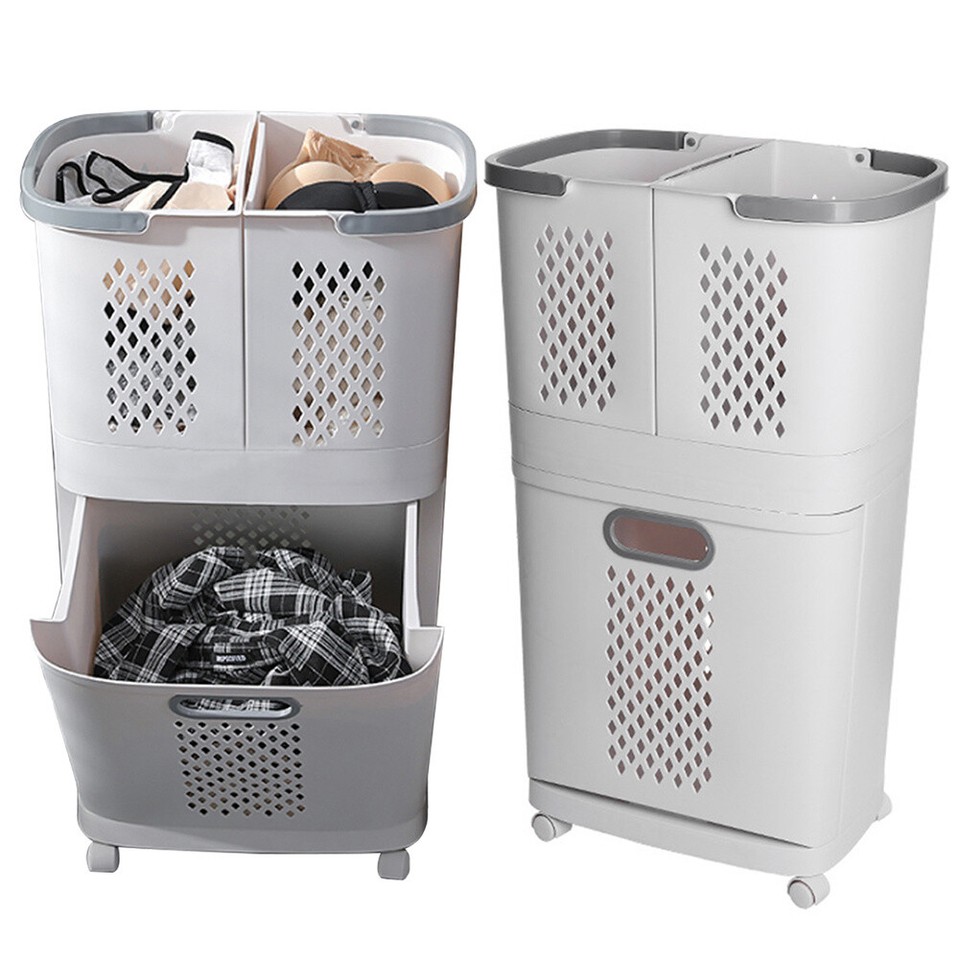 Rolling Laundry Basket Cart Washing Clothes Sorter Bin Hamper Bathroom ...