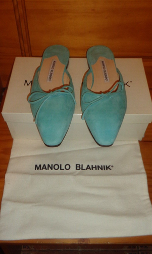 MANOLO BLAHNIK BABY BLUE SUEDE VINTAGE "BALLERIMU" MULES NWT 38 1/2 ...
