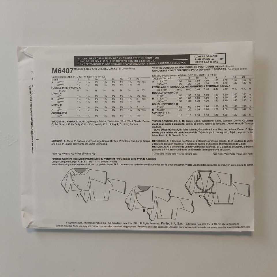 McCall's Sewing Patterns M6407 Misses' Lined Jackets, Size A5 (6-8-10-12-14) | eBay